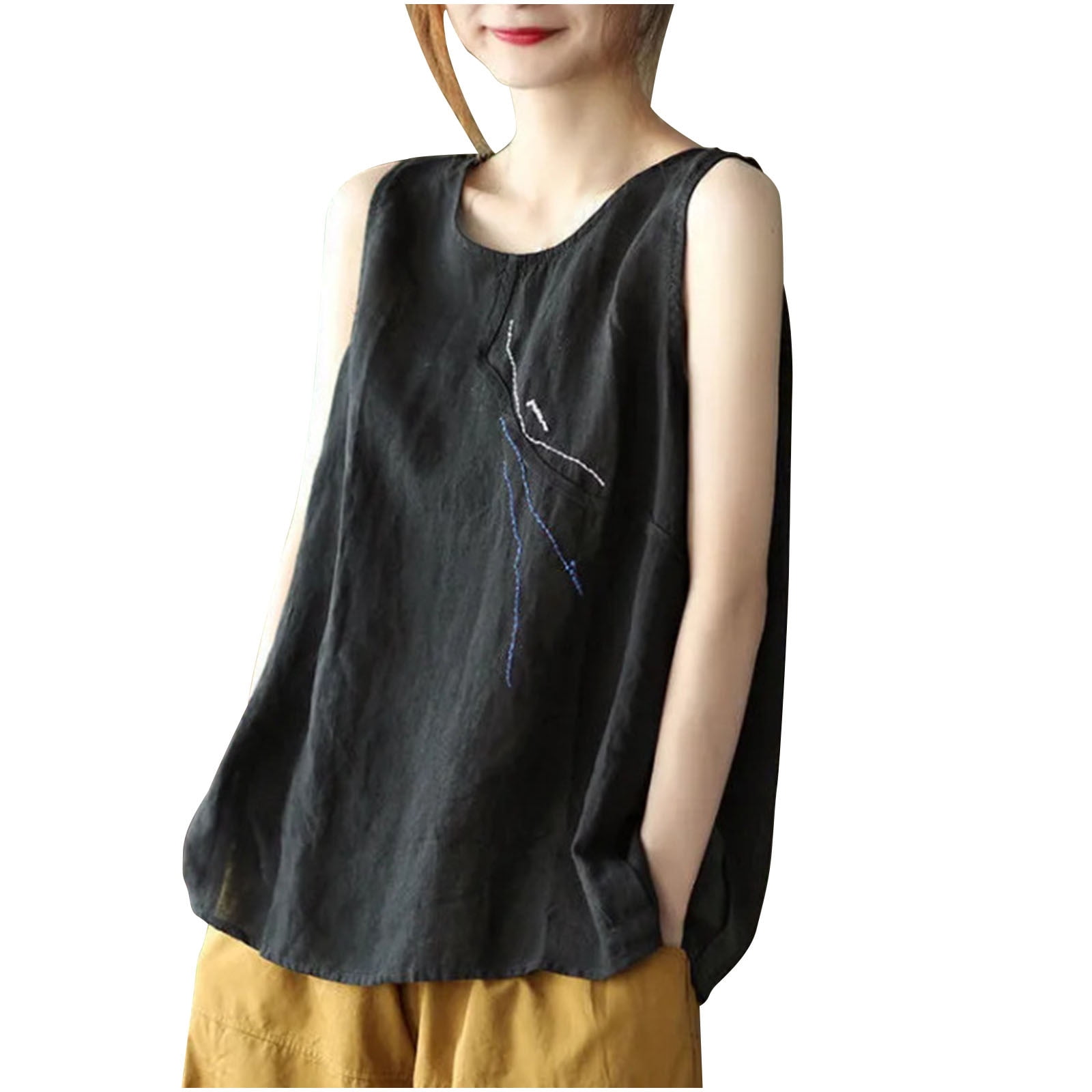 JGGSPWM Women's Linen Tank Tops Loose Fit Solid Color Sleeveless Summer ...