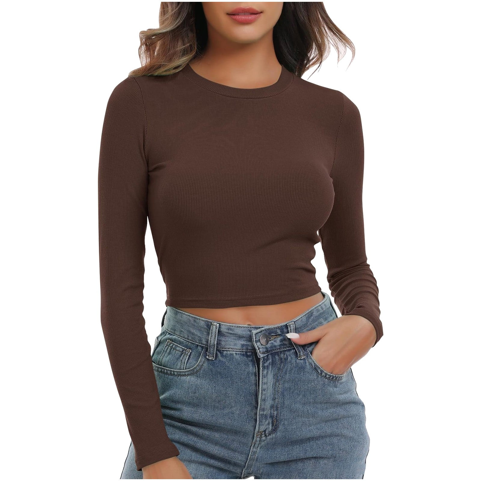 JGGSPWM Women's New Crew-neck Long Sleeve Knit Crop Top Pullover Slim ...