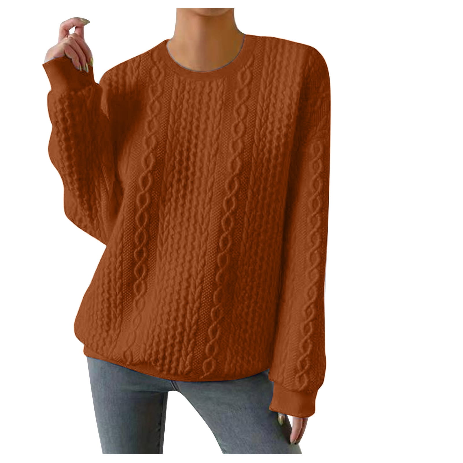 JGGSPWM Women's Oversized Cable Knit Sweater Crewneck Long Sleeve ...