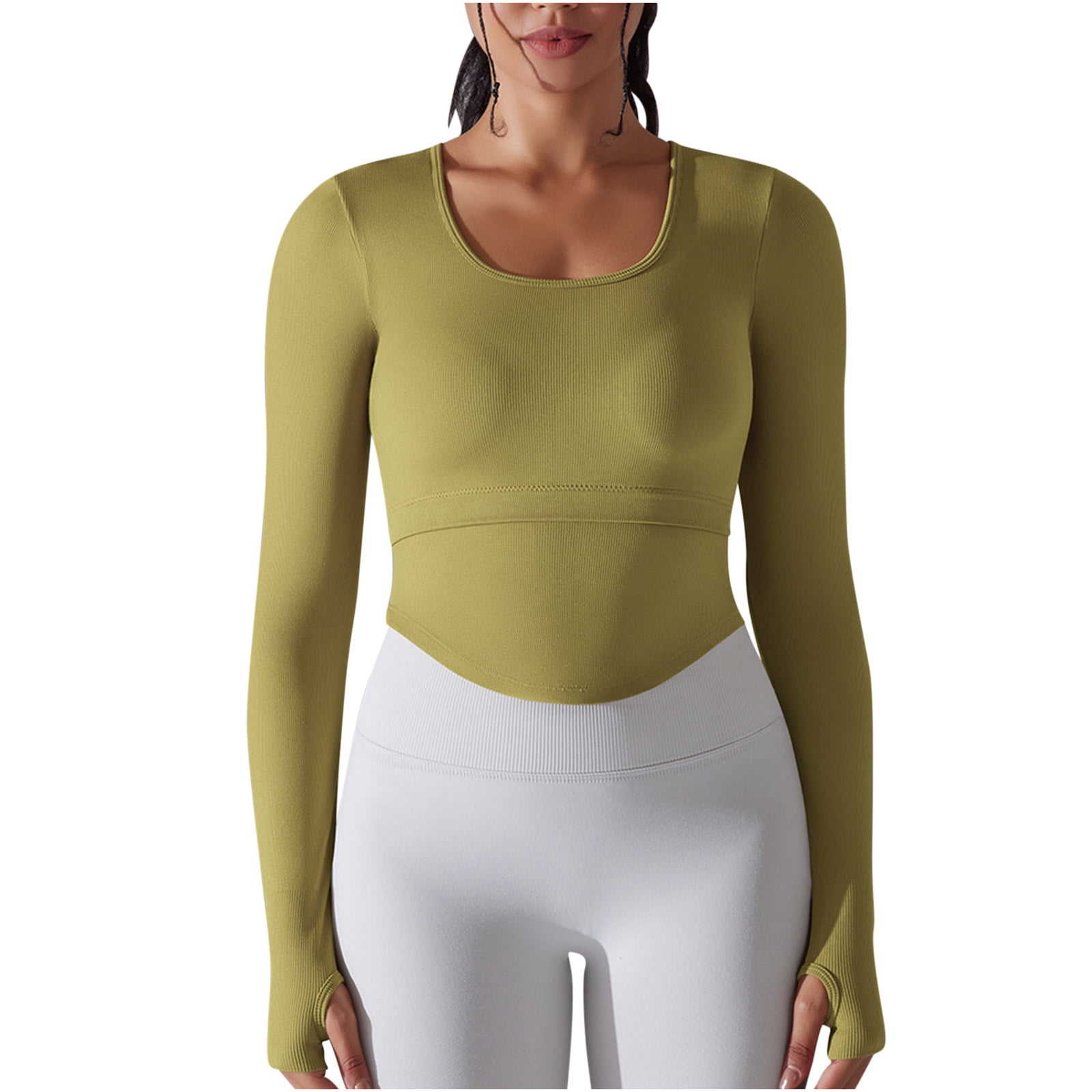 JGGSPWM Women's Ribbed Seamless Build in Bra Crop Top Long Sleeve ...