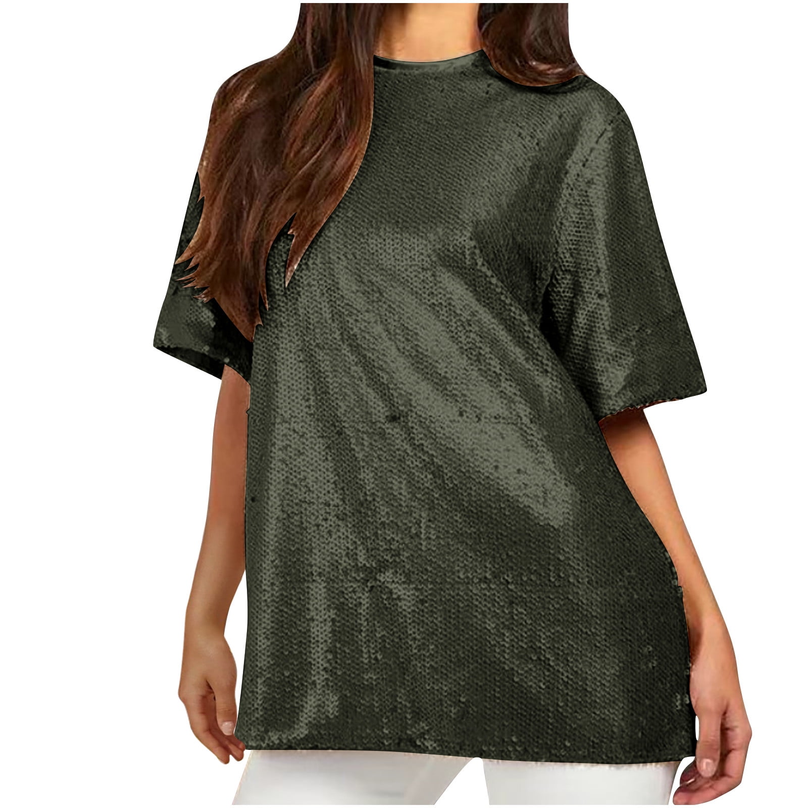 JGGSPWM Women's Round Neck Short Sleeve Sequin Top Relaxed Fit Solid ...