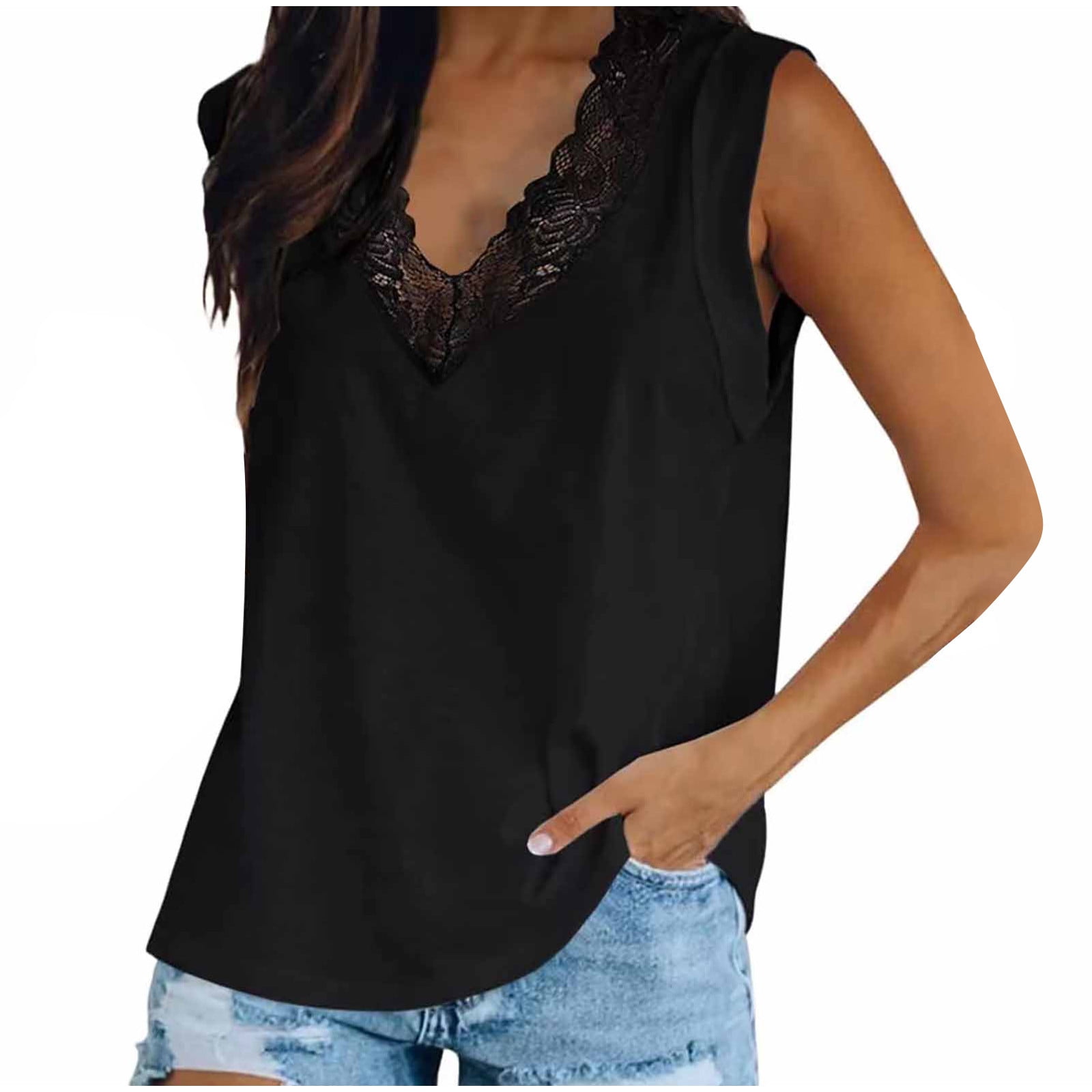JGGSPWM Women's Sheer Lace Vest Loose Fitted Casual V Neck Sleeveless ...