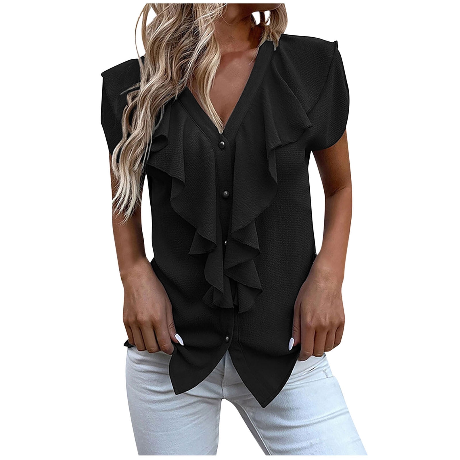 JGGSPWM Women's Short Sleeve V Neck Solid Blouse Ruffle Sleeve Shirts ...