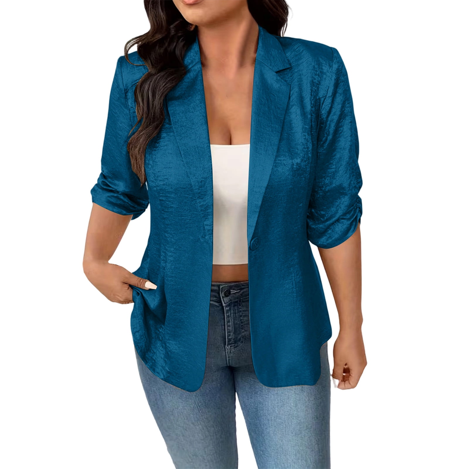 JGGSPWM Women's Solid Color 3/4 Sleeve Blazers, Stylish Notched Lapel ...