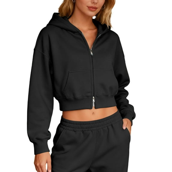 JGGSPWM Women's Solid Color Double Layered Full-Zip Cropped Hoodies ...