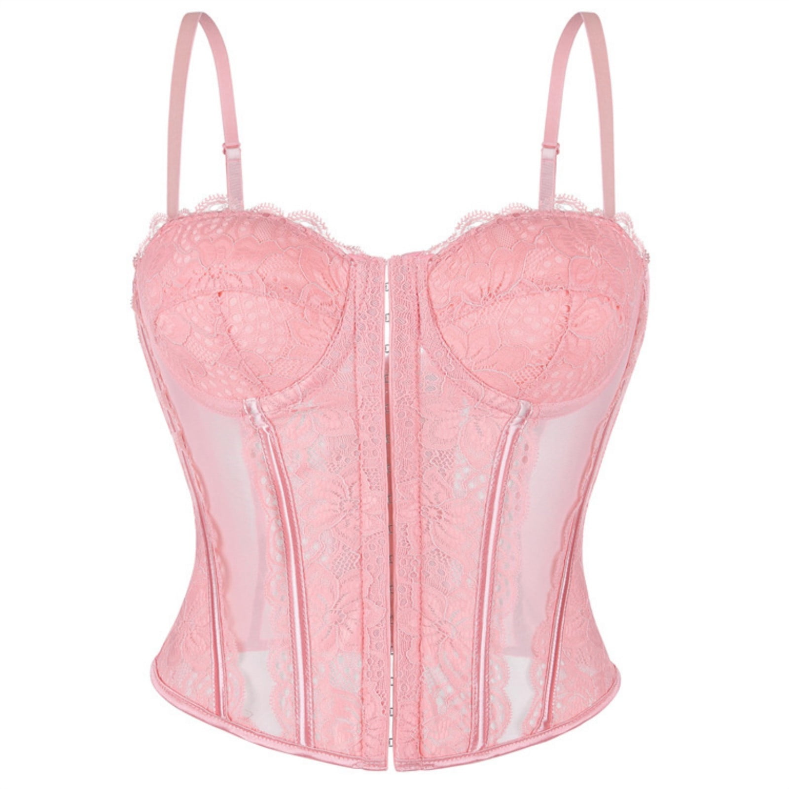 JGGSPWM Women's Spaghetti Strap Mesh Floral Lace Corset Tops Lace-Up ...
