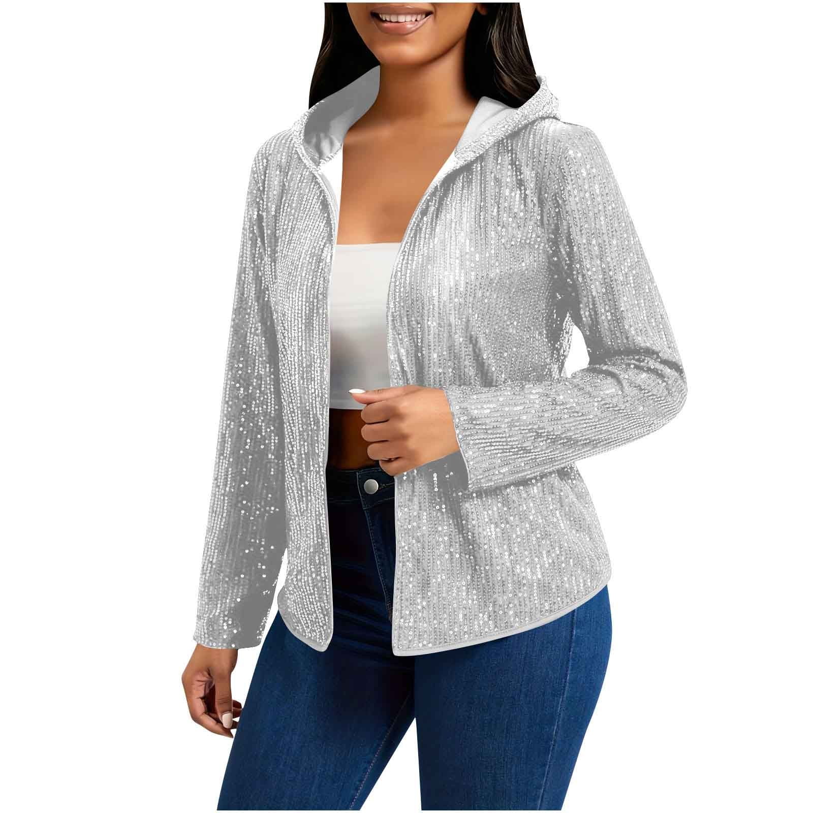 JGGSPWM Women's Sparkly Sequin Jacket Zipper Long Sleeve Glitter Sequin ...