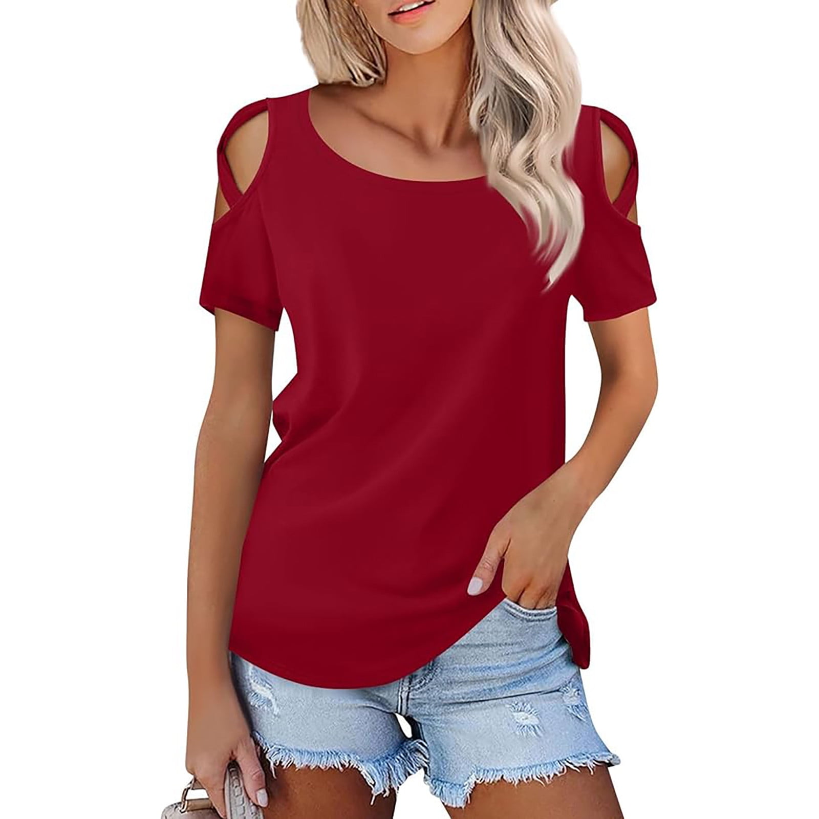 JGGSPWM Women's Summer Cold Shoulder Short Sleeve Scoop Neck Tunics Tops Loose Blouse Red M ...