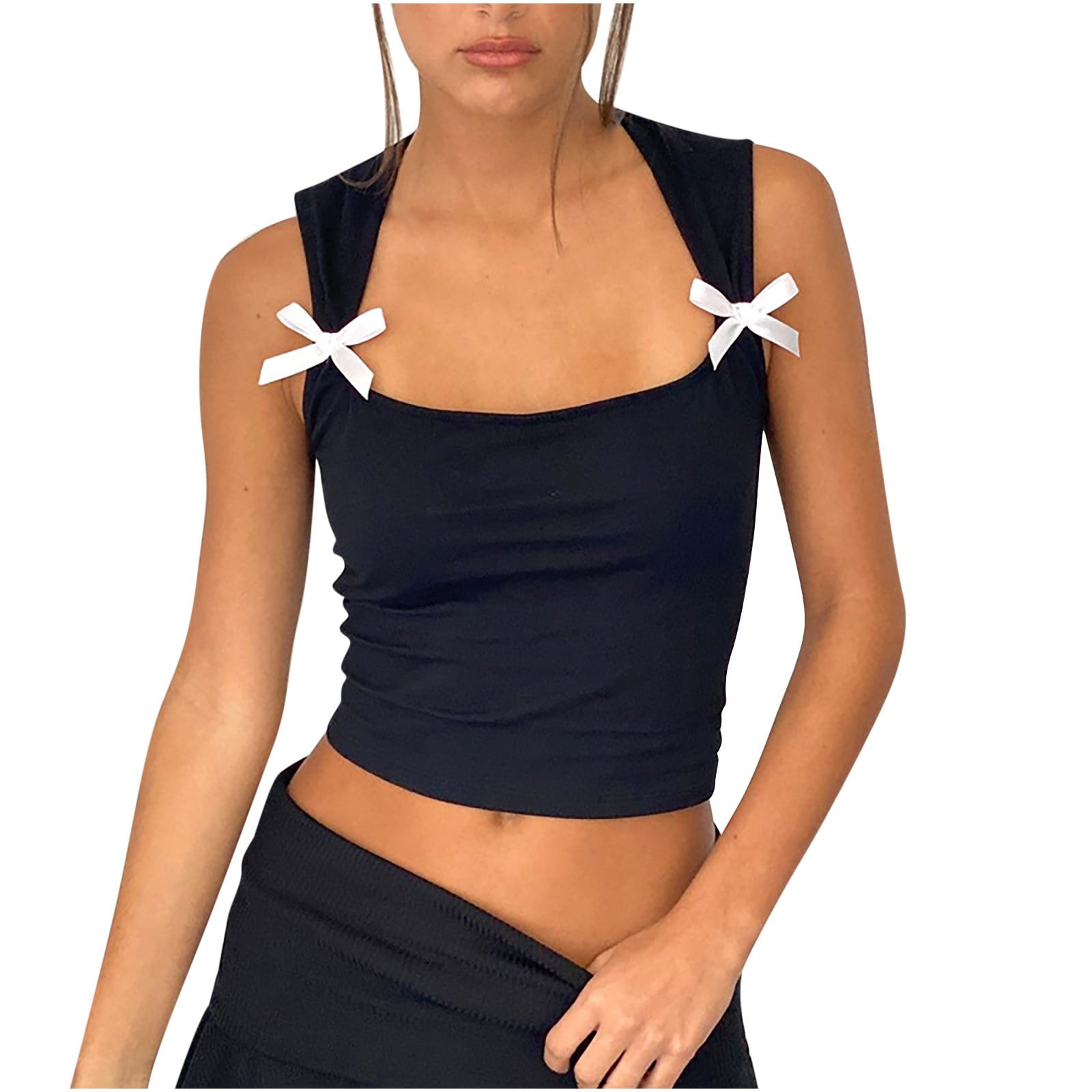 JGGSPWM Women's Y2K Bow Tank Tops Scoop Neck Sleeveless Aesthetic Cami ...