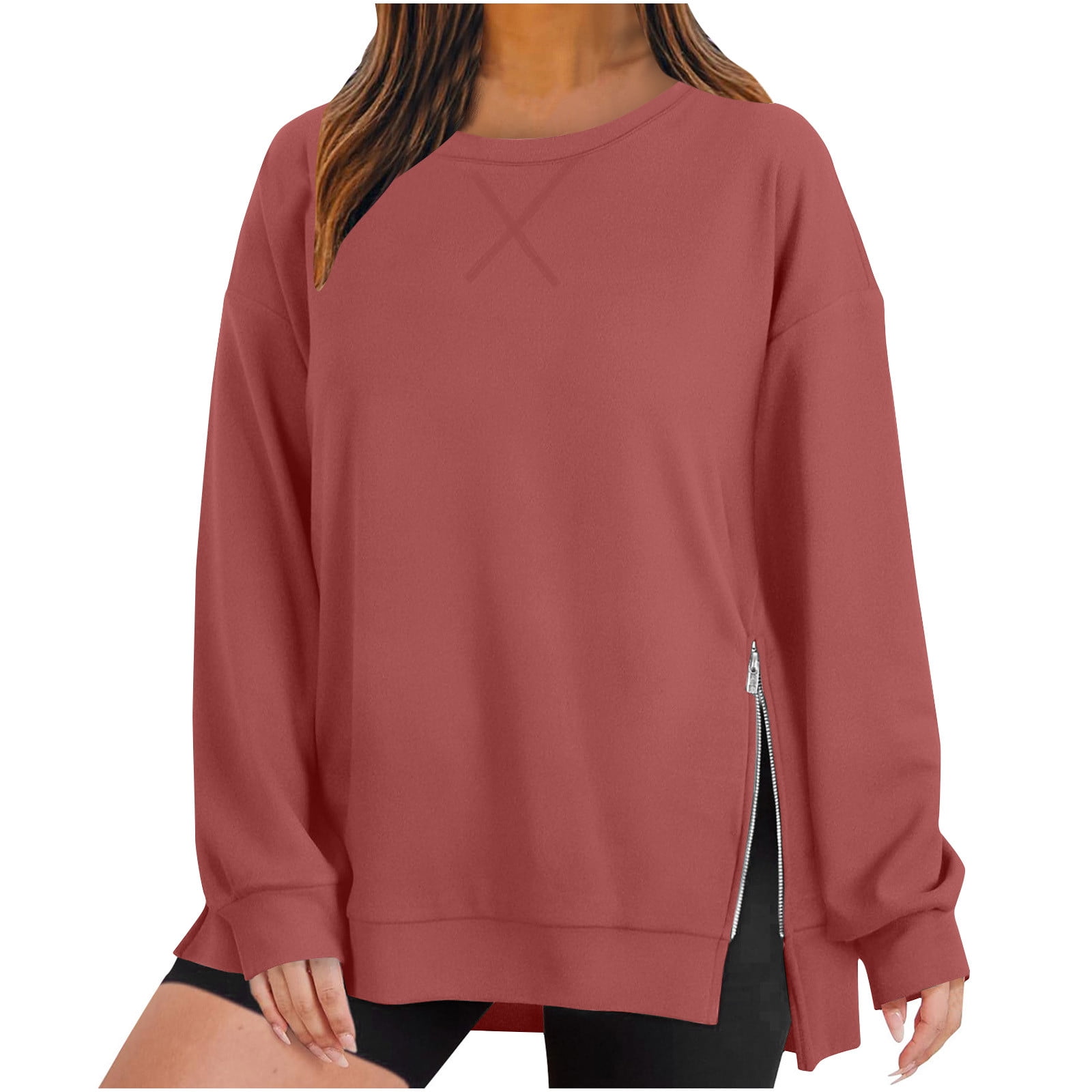 JGGSPWM Womens 2024 Fashion Sweatshirts Side Split Zipper Oversized Sweatshirt Basic Tops Long ...