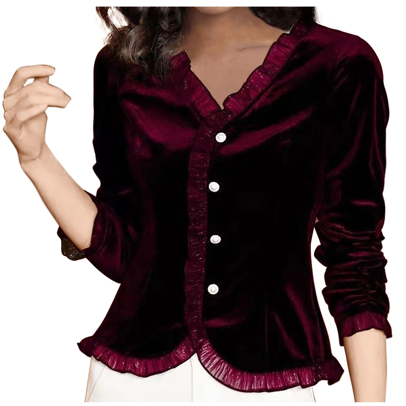 JGGSPWM Womens Button Down Velour Shirts Ruffle Trim Collar Tops Long Sleeve Elegant Office Work ...