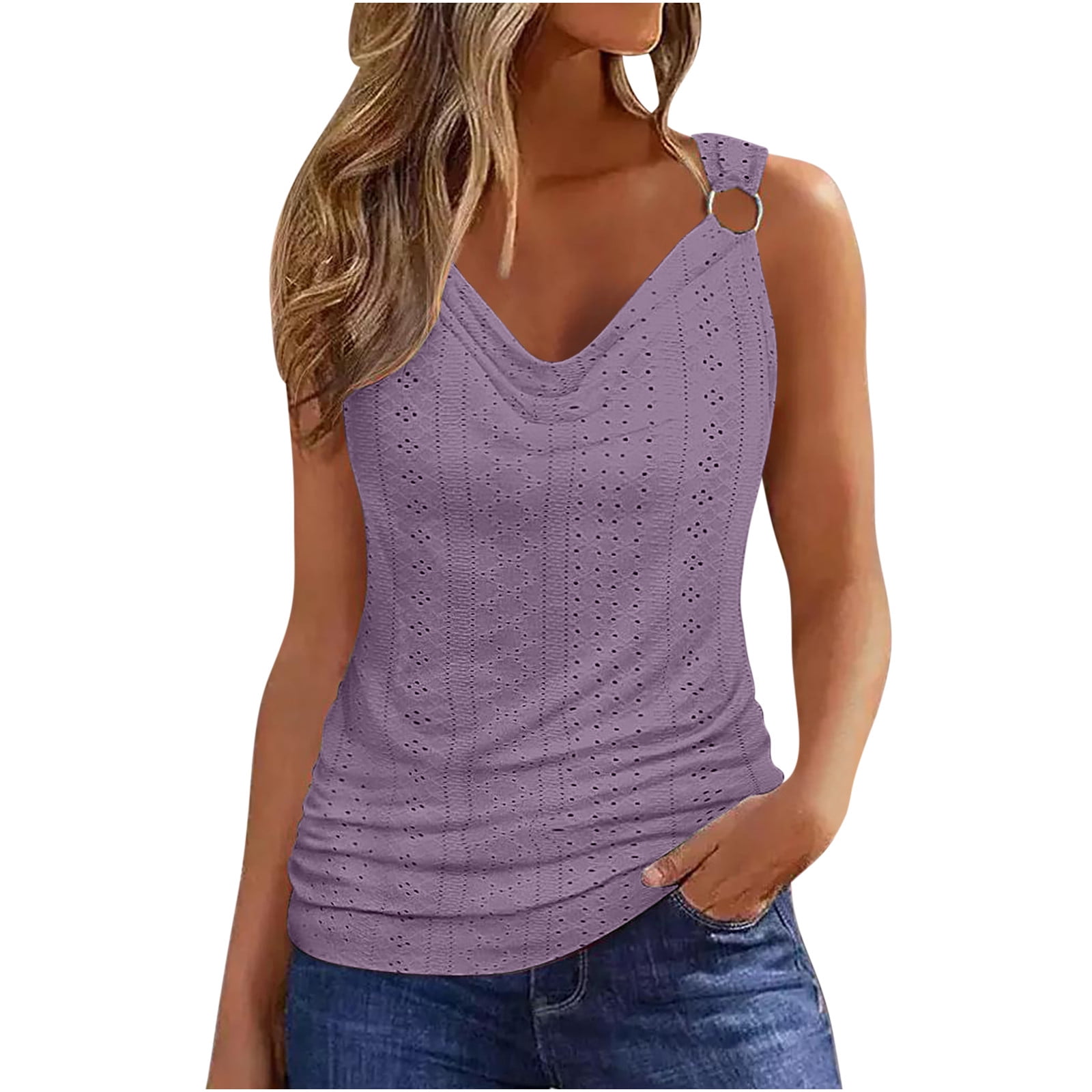 JGGSPWM Womens Eyelet Embroidered Sleeveless Tank Tops O Ring Straps V ...