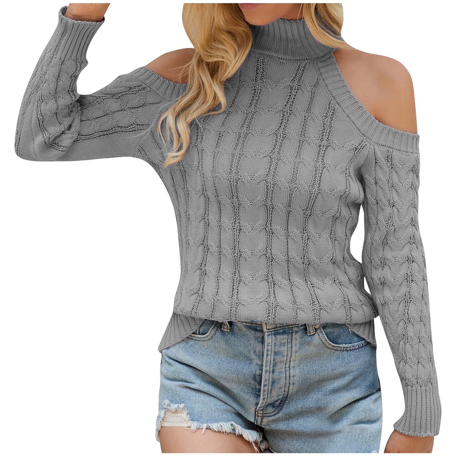 JGGSPWM Womens Fall Off Shoulder Sweater Chunky Pullover Turtleneck ...