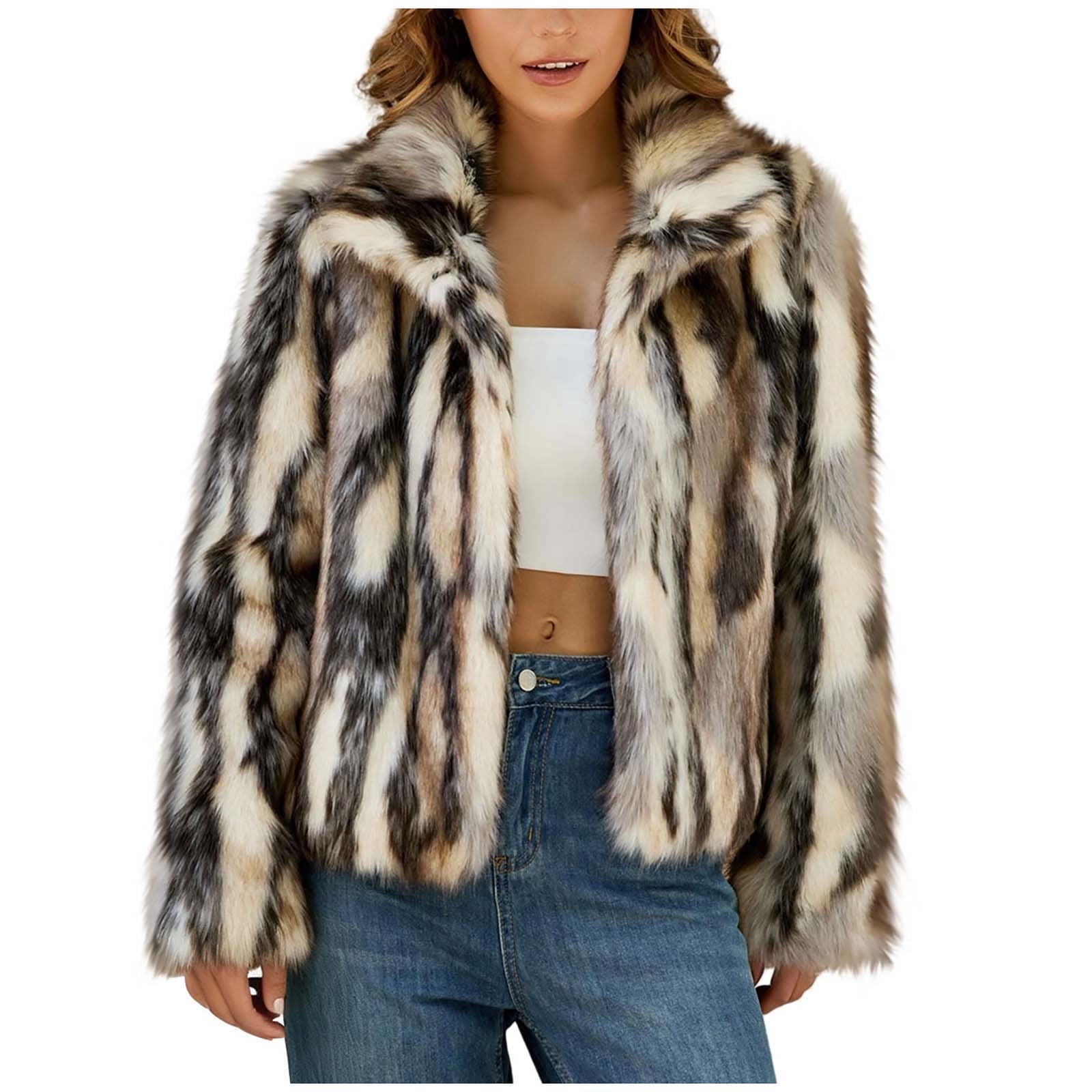 JGGSPWM Womens Faux Furry Coat Leopard Jacket Lapel Furry Jackets ...