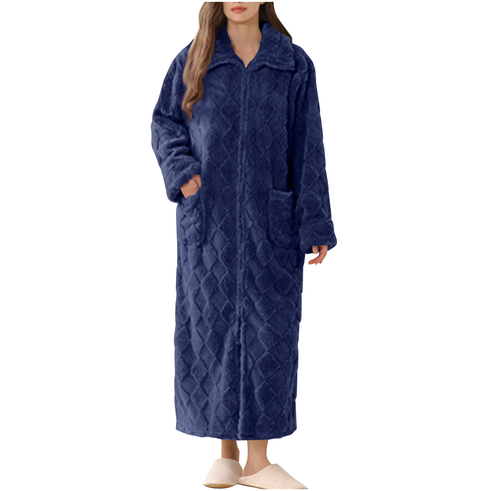 JGGSPWM Womens Fleece Robe Plush Long Zip Front Bathrobe with Pockets ...