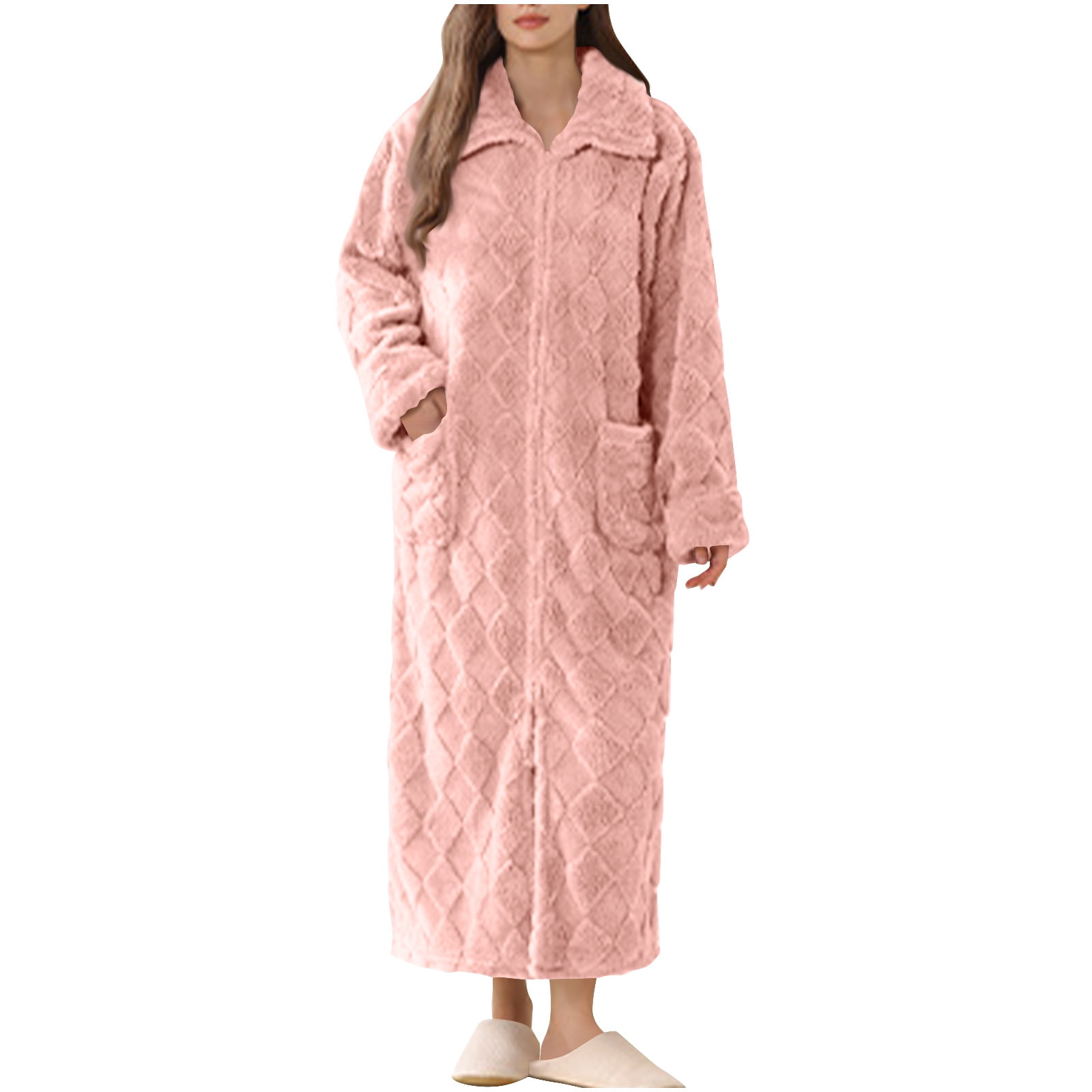 JGGSPWM Womens Fleece Robe Plush Long Zip Front Bathrobe with Pockets ...