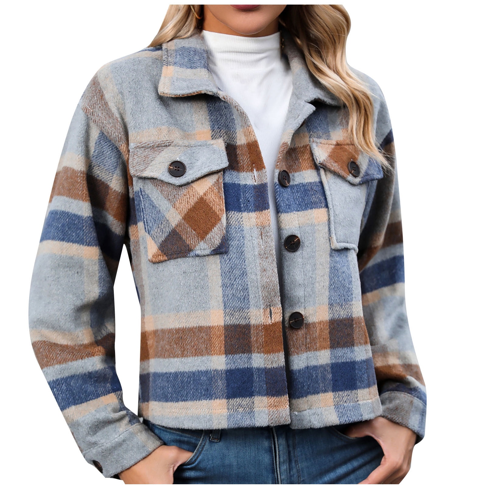 JGGSPWM Womens Plaid V Neck Woolen Long Sleeve Cropped Shacket Coat ...