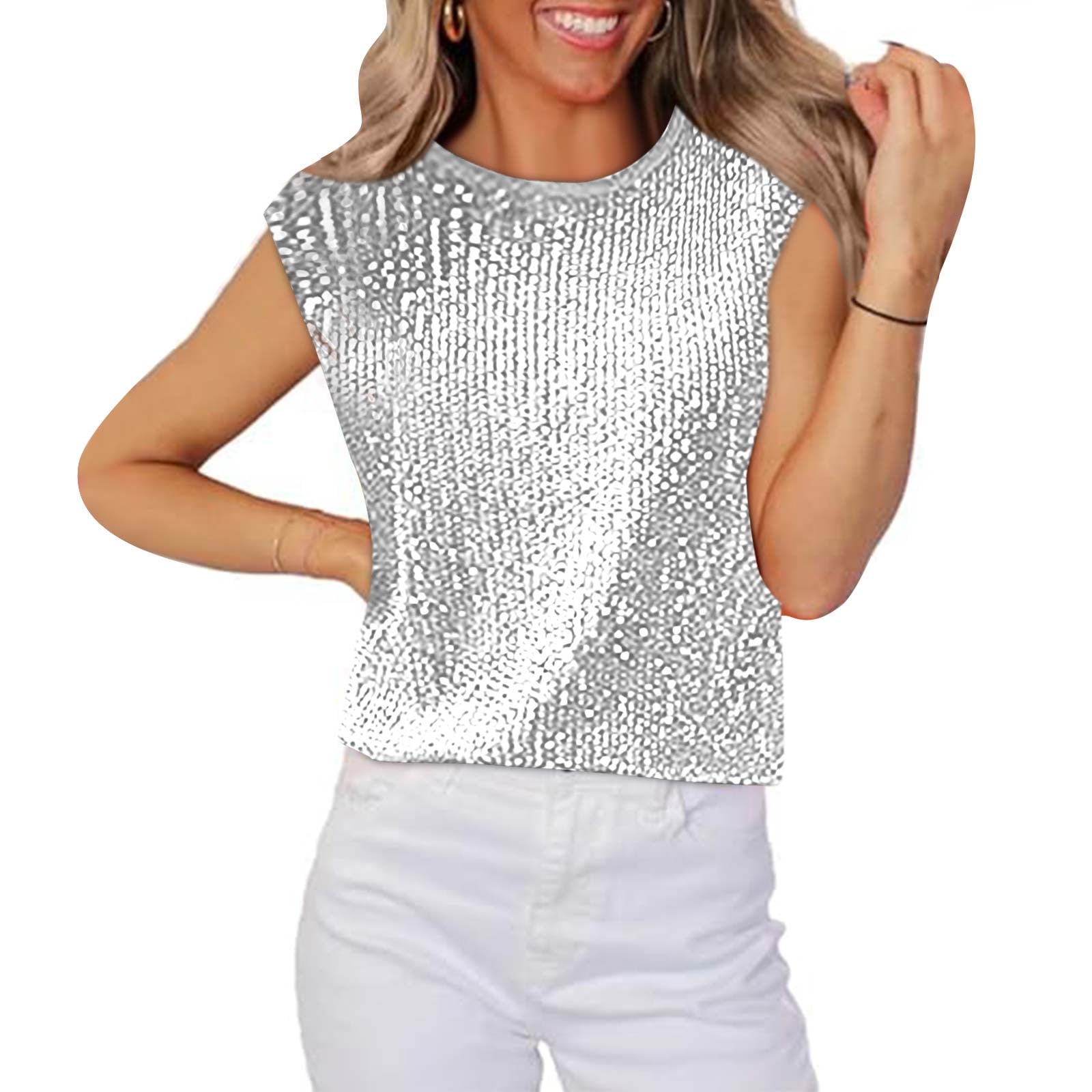 JGGSPWM Womens Round Neck Glitter Sequins Shirts Cap Sleeve Party Tee ...