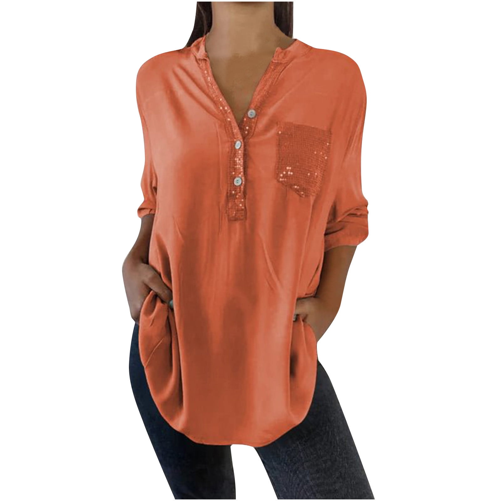 JGGSPWM Womens Sequin Tops Shirts Button Down V Neck Causal Tunics ...