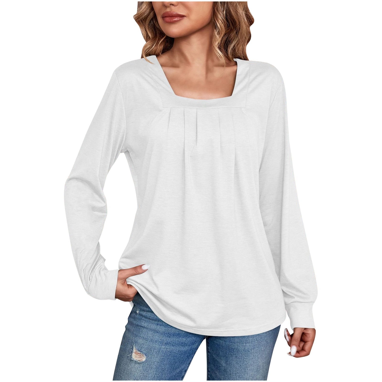 JGGSPWM Womens Soft Comfy Solid Top and Blouse Ruched Square Neck Long ...