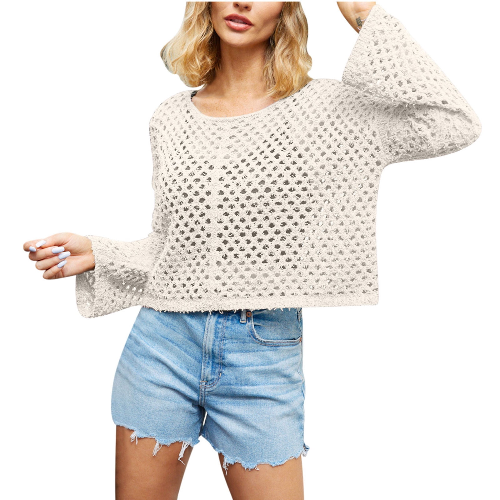 JGGSPWM Womens Solid Hollow Cropped Sweaters Pretty Tops Crewneck Long ...