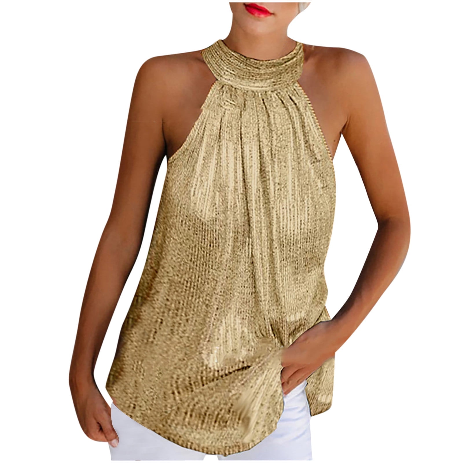 JGGSPWM Womens Sparkly Sequins Metallic Tank Tops Camisole Halter Neck ...