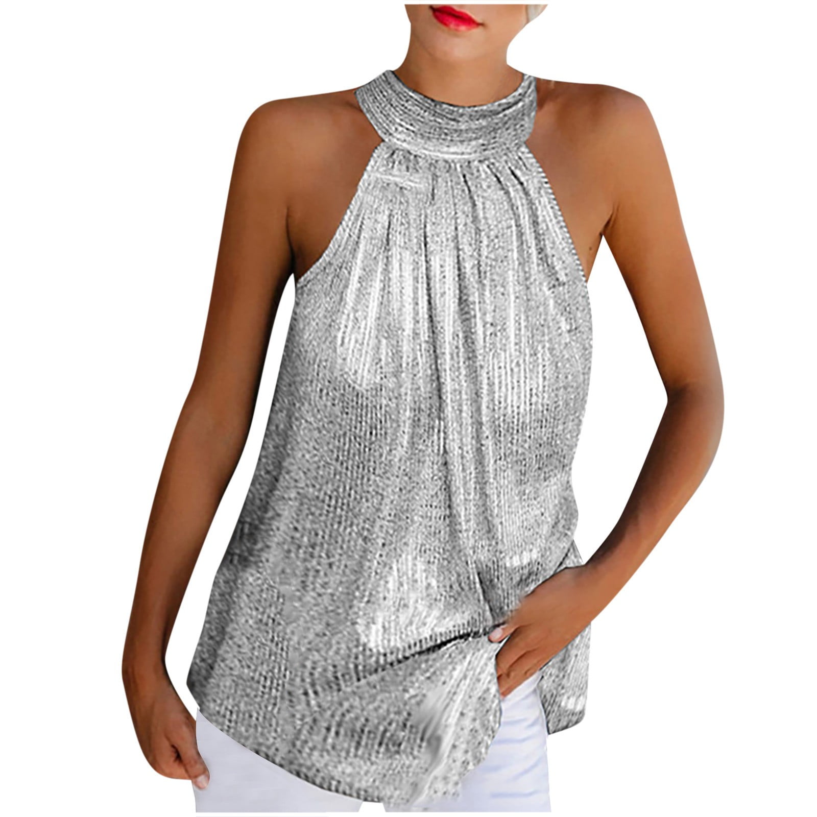 JGGSPWM Womens Sparkly Sequins Metallic Tank Tops Camisole Halter Neck ...