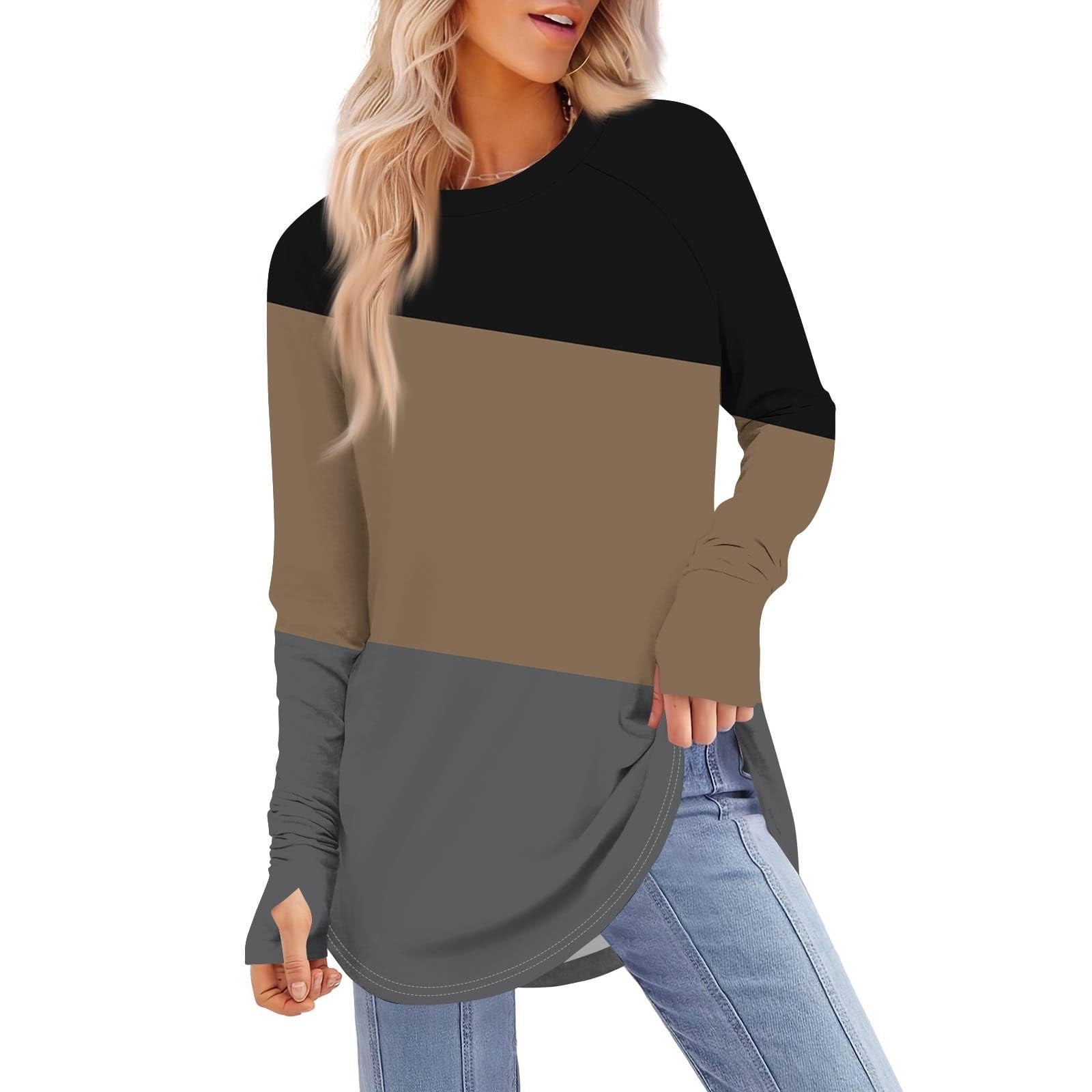 JGGSPWM Womens Tunic Tops to Wear with Leggings Long Sleeve Thumb Hole Shirts Crew Neck Color ...