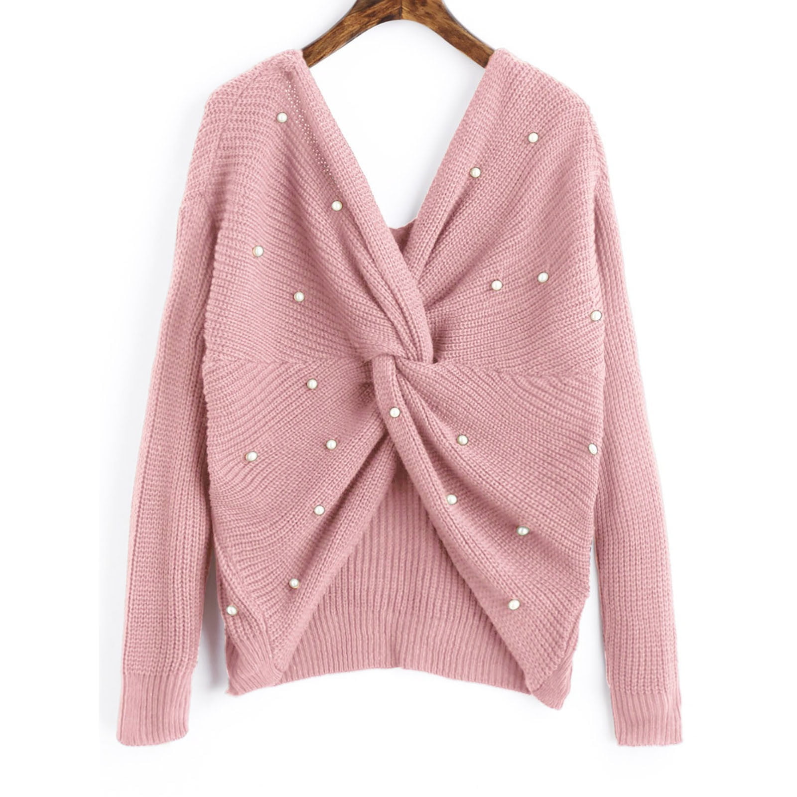 JGGSPWM Womens Twist Knot Solid Pearl Decor Sweaters V-Neck Sweaters ...