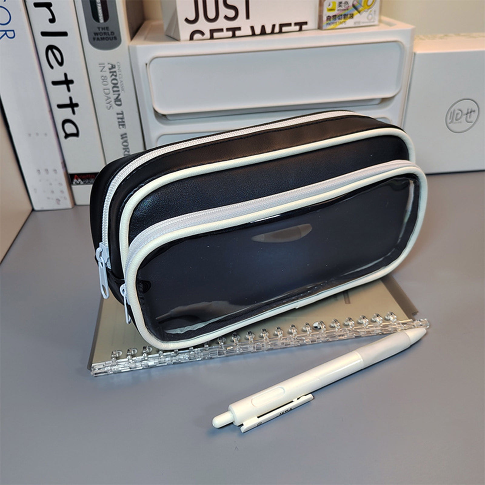 JGJJUGN Leather Visible Window Pencil Case Organizer Clear Mesh Design ...