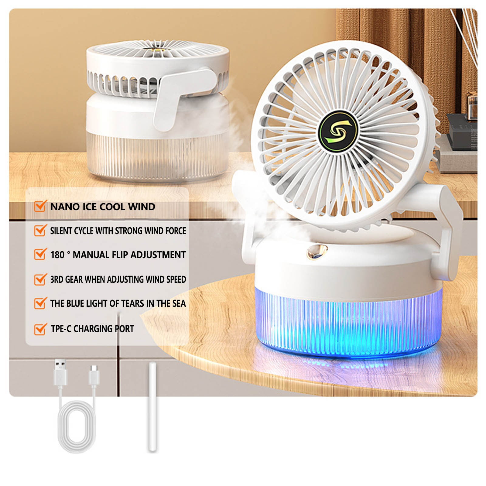JGJJUGN Portable 4-Core Mist Spray Fan with Wind Tunnel Design, Type-C ...