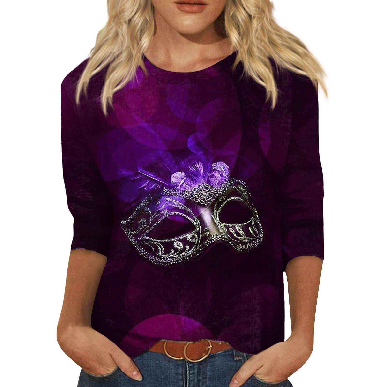 JGNGSHN 3/4 Sleeve Tops forWomen Casual Crew Neck Shirts Carnival Mask ...