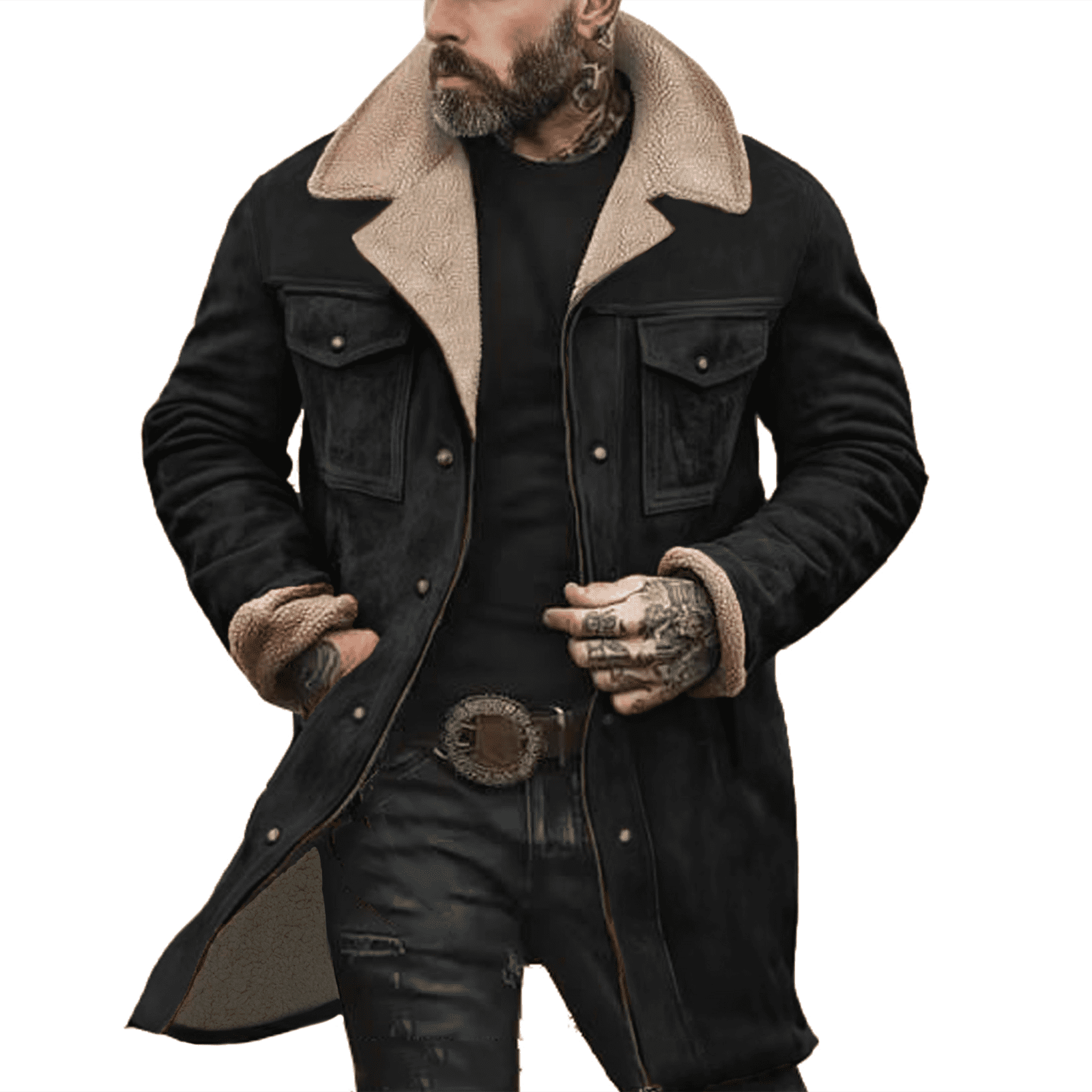 JGNGSHN Mens Sherpa Lined Suede Leather Jacket Vintage Pocket Plush ...
