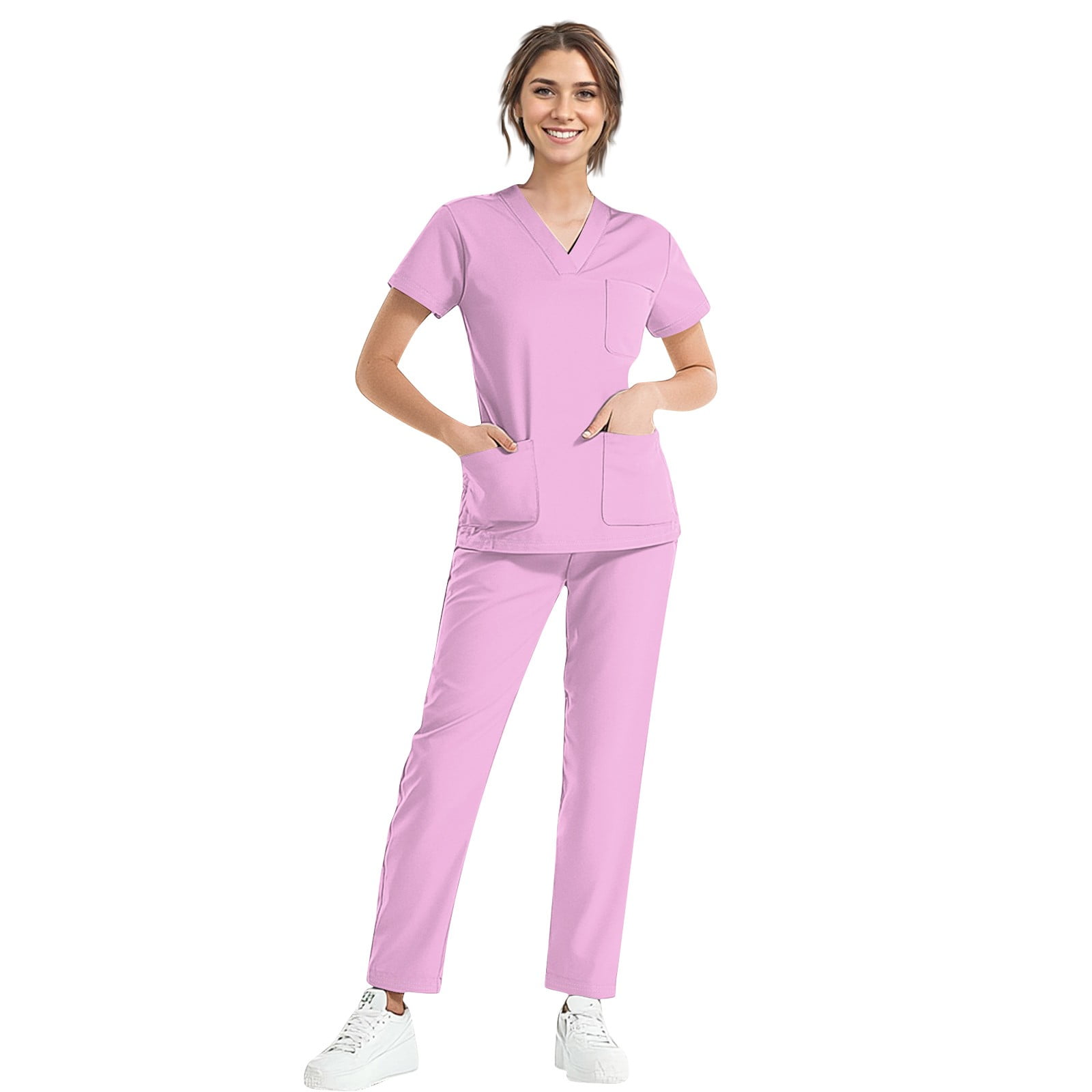 JGNGSHN Scrub Sets for Woman Solid Color V-Neck Short Sleeve Long Pants ...