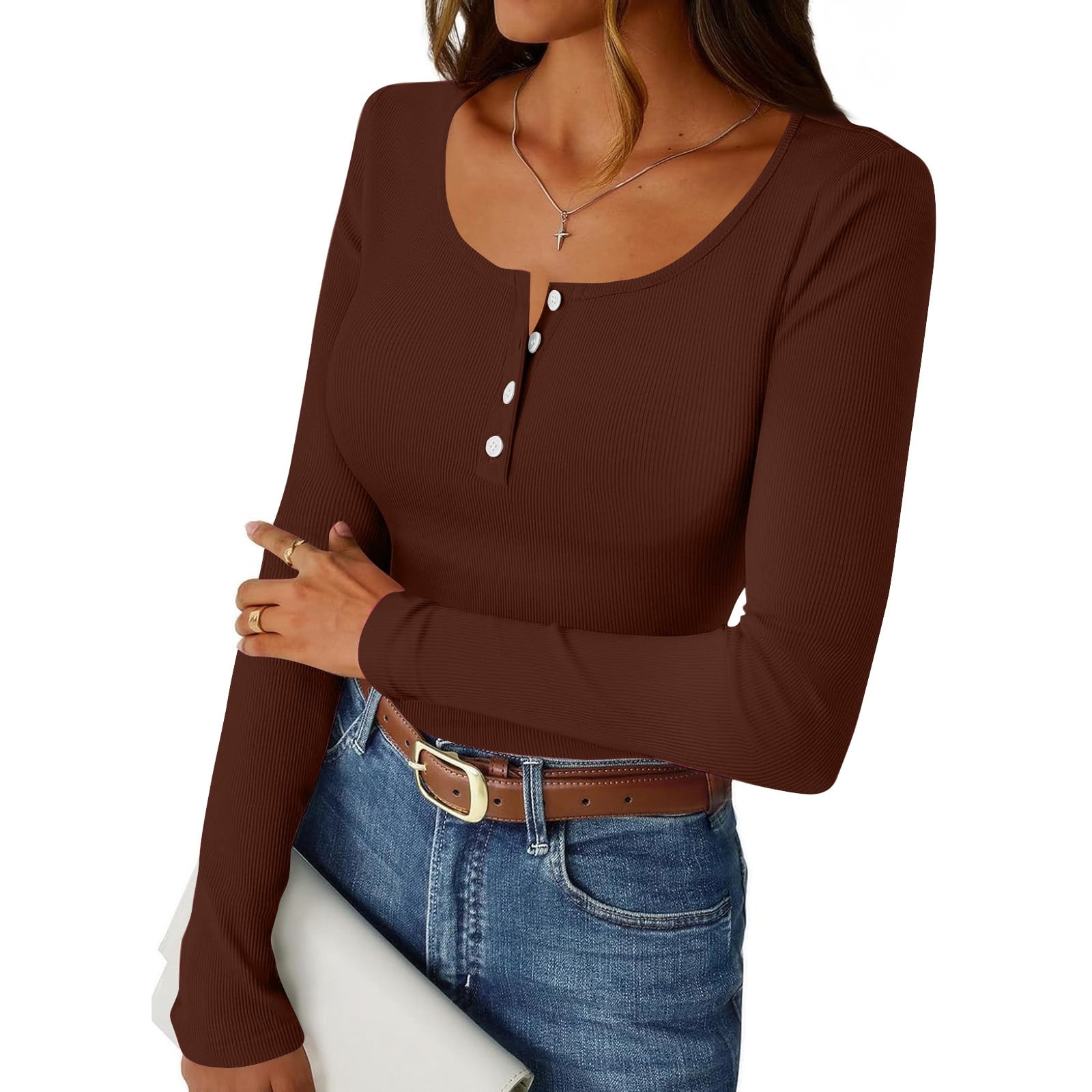 JGNGSHN Women's 2025 Long Sleeve T Shirts Button Down Ribbed Knit Slim ...