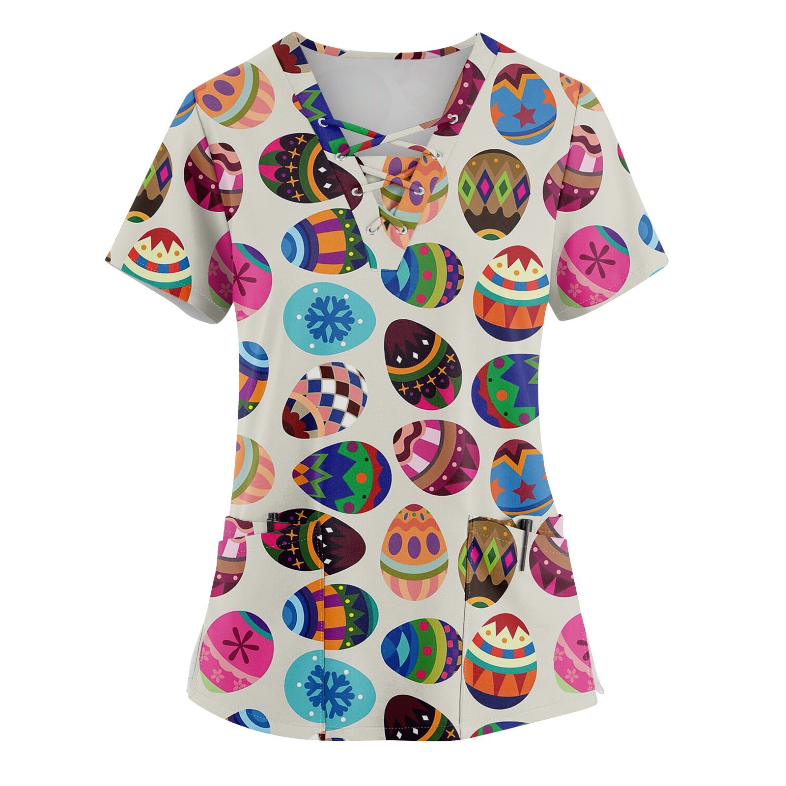 JGNGSHN Women's Bunny Egg Print Scrubs Top, Short Sleeve Medical T ...