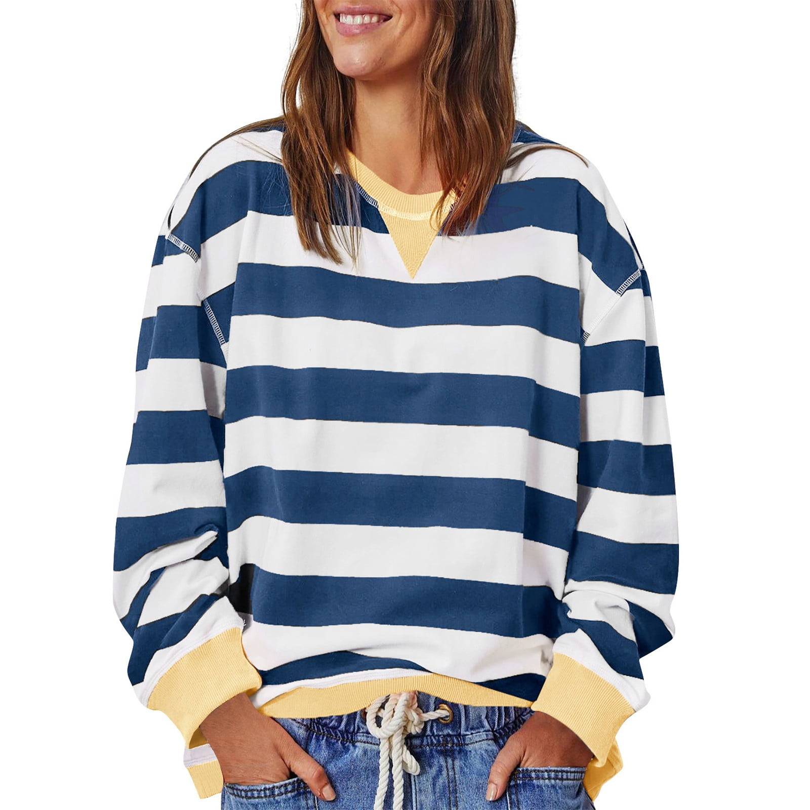 JGNGSHN Women's Crewneck Color Block Striped Casual Oversized ...