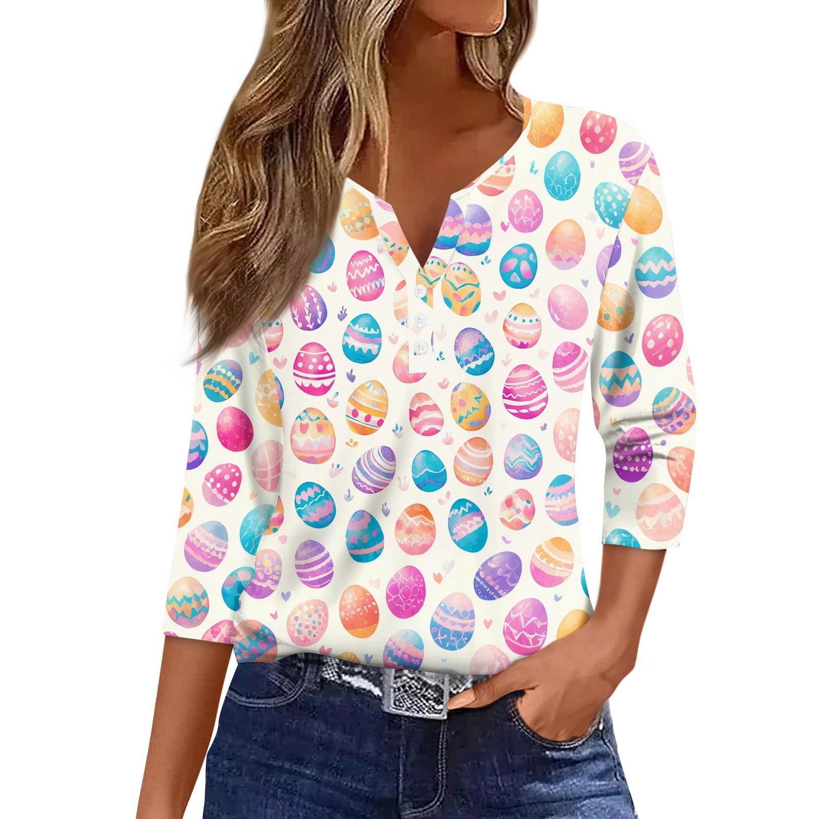 JGNGSHN Women's Easter Day Button V Neck 3/4 Sleeve Shirt, Bunny Rabbit ...