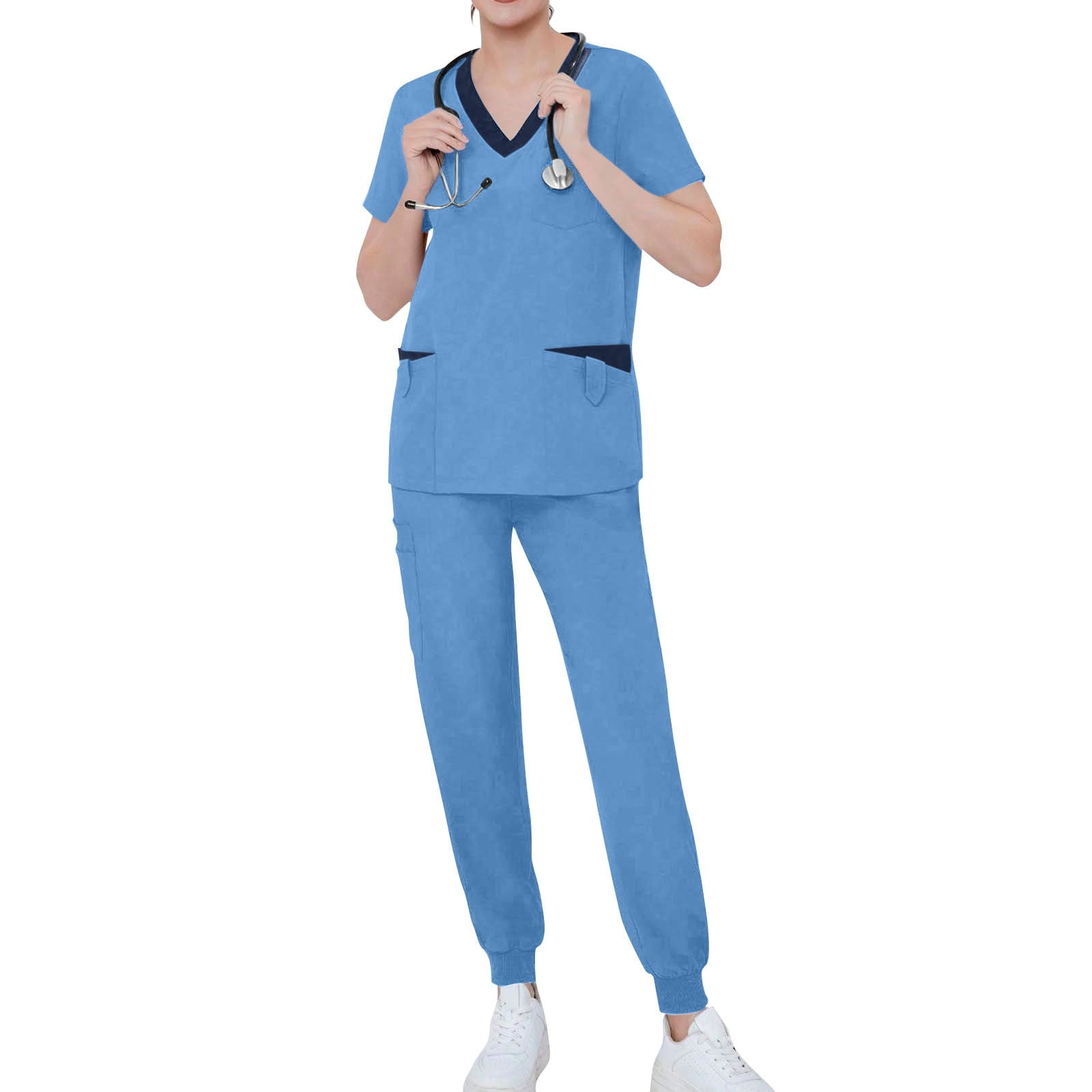 JGNGSHN Women's Medical Scrubs Set Stretch V-Neck Scrub Top & Jogger Pant with Snap Detail ...