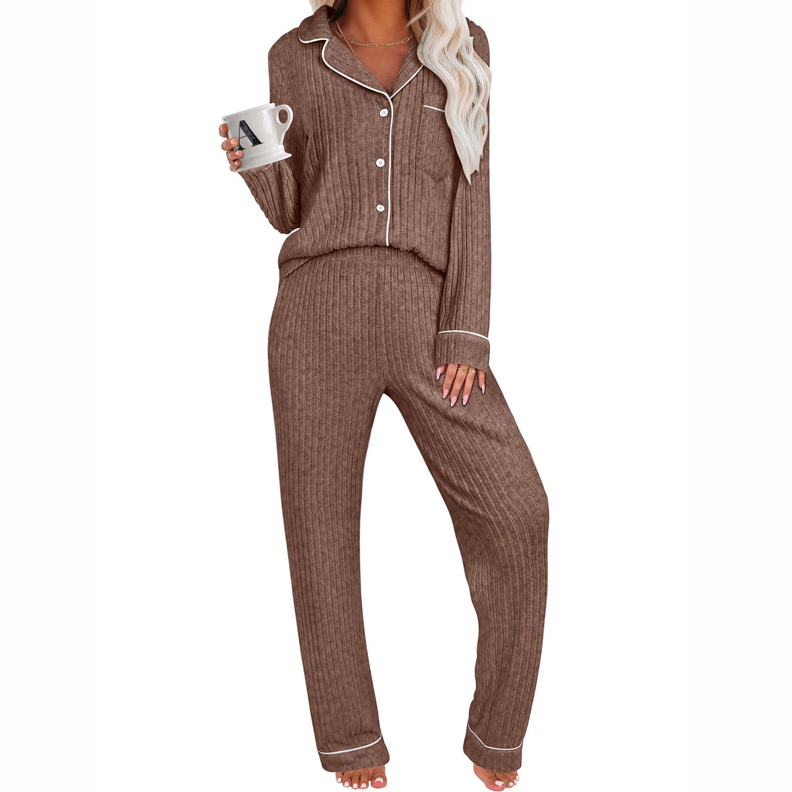 JGNGSHN Women's Pajama Sets Ribbed Knit Long Sleeve Sleepwear Casual ...