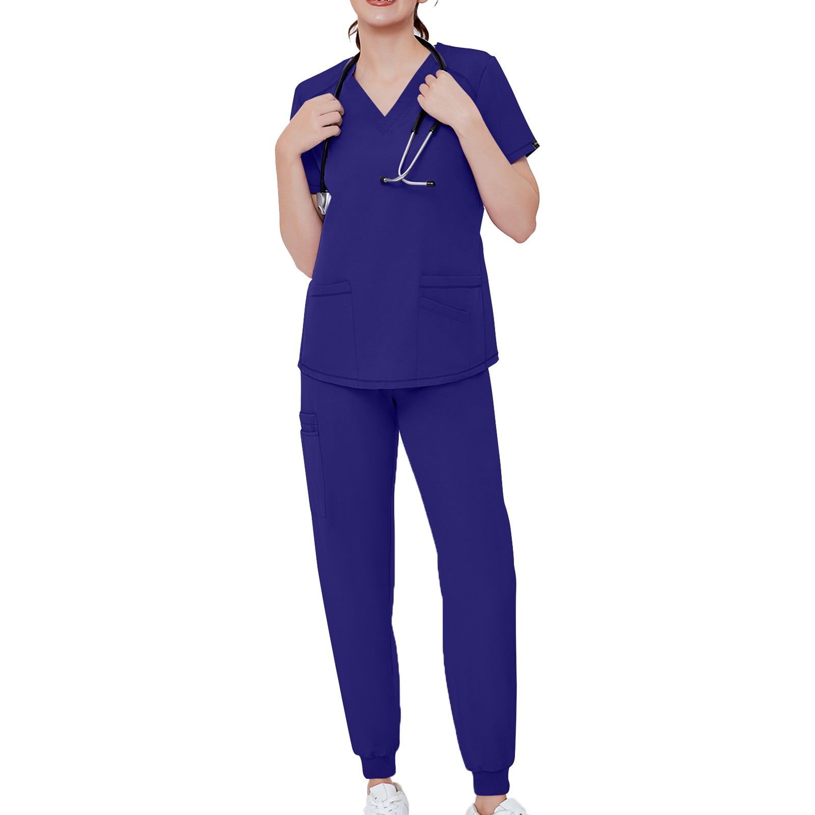 JGNGSHN Women's Scrub Set Solid V-Neck Pocket Top & Drawstring Jogger ...