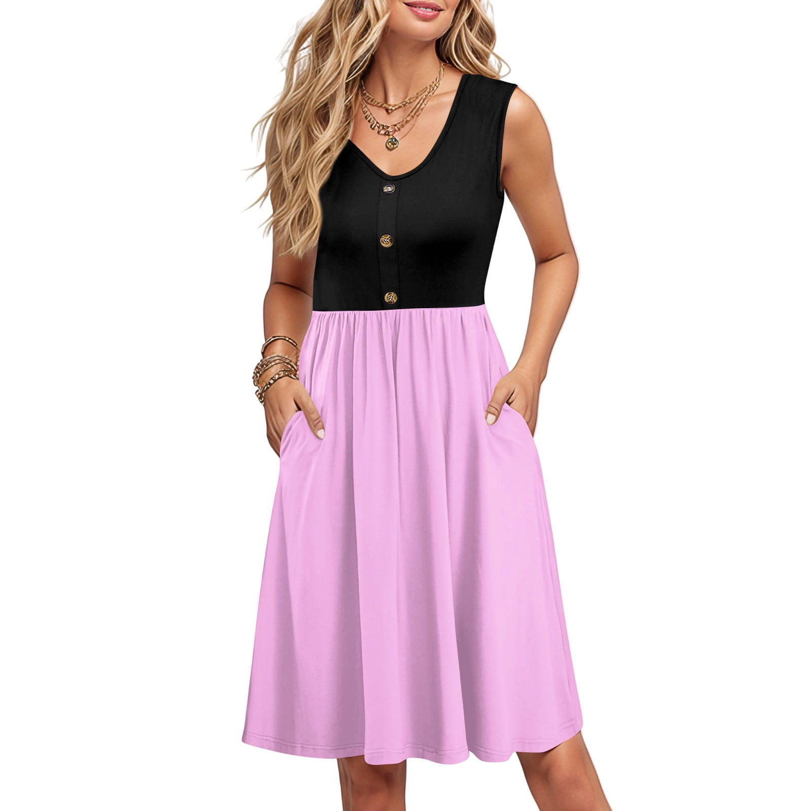 JGNGSHN Womens Dresses Plus Size Color Block Sleeveless Beach Vacation ...