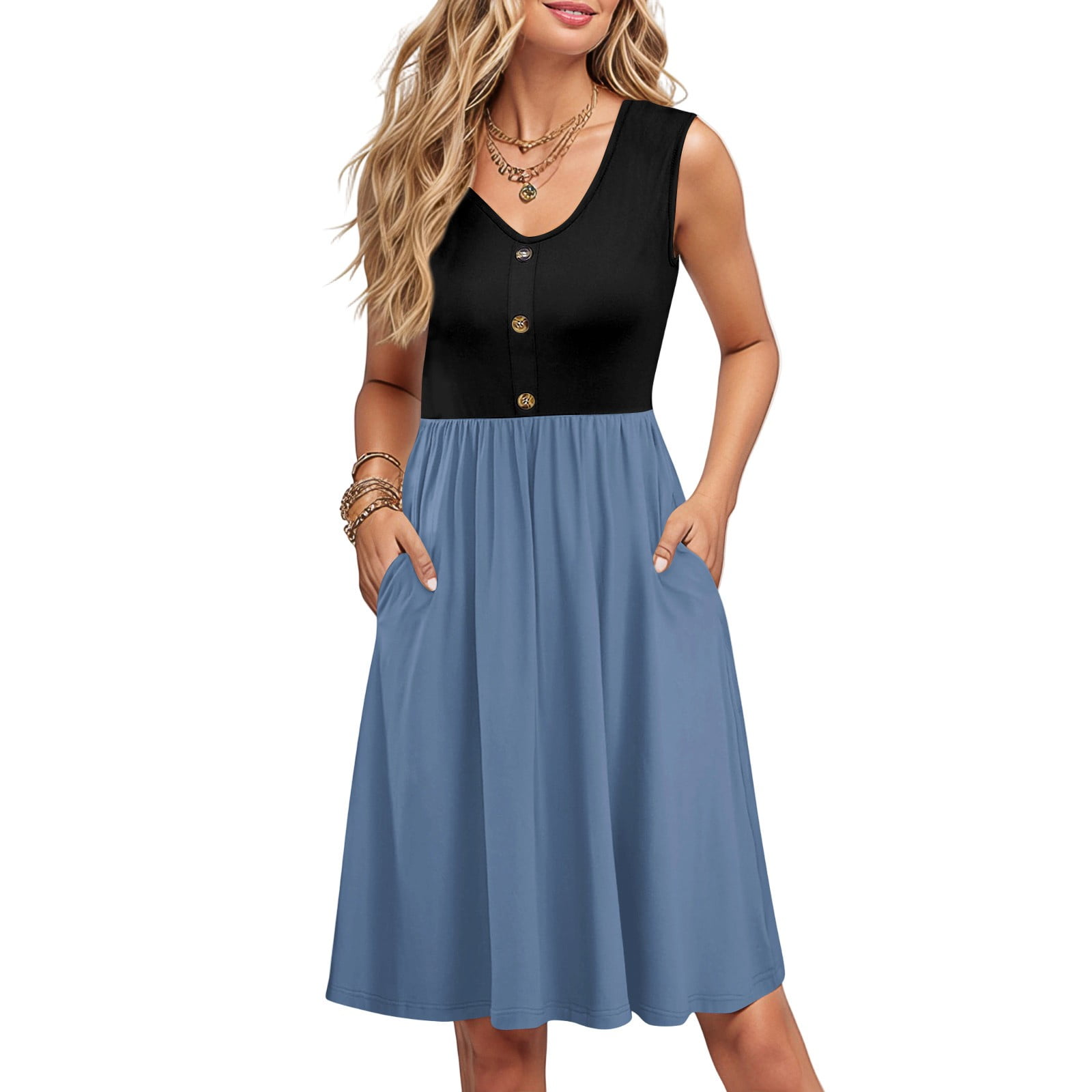 JGNGSHN Womens Summer Dresses Trendy Sleeveless Loose Swing Color Block ...