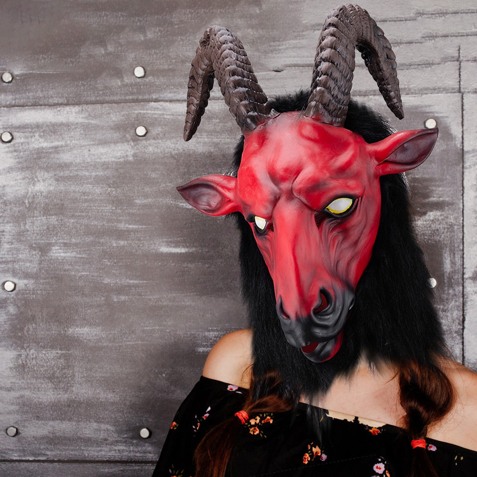 JGQJGAK Face Mask, Halloween Scary Full-Face Red Goat Antelope Mask - A ...