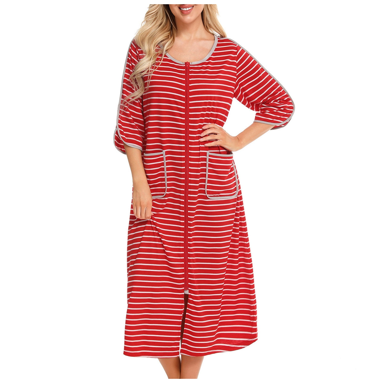 JGTDBPO Women's Long Zip Cotton House Coat, 3/4 Sleeve Nightgown, Full ...