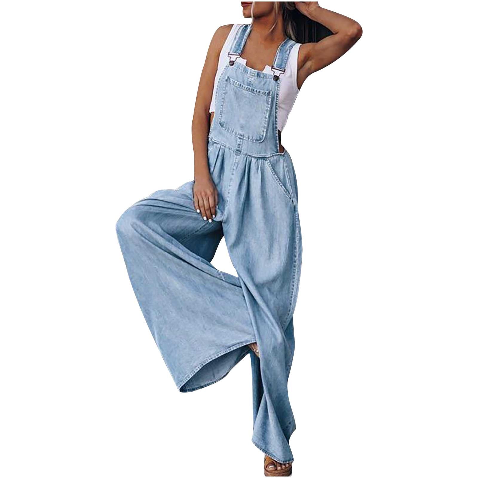 JGTDBPO Overalls Casual Loose Denim Jumpsuits For Women Straight Wide ...