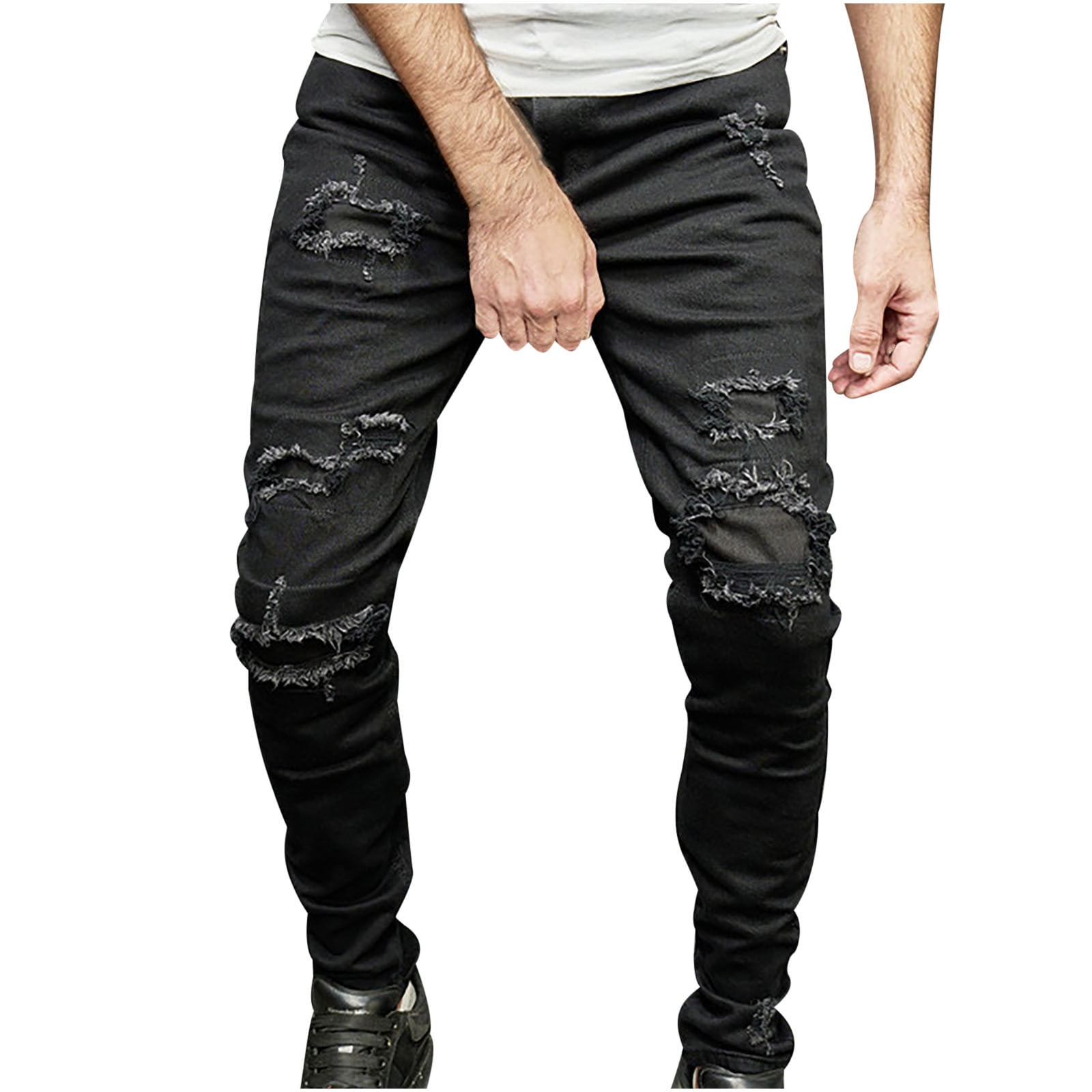 JGTDBPO Ripped Jeans Pants Men Soild Color Punk Style Jeans Stretch ...
