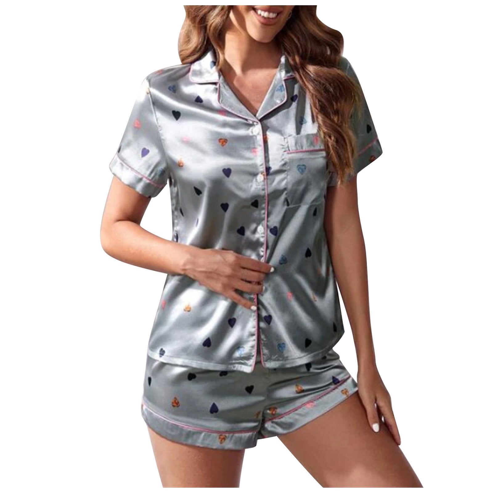 JGTDBPO Two Piece Pajama Set For Women Shorts Set Short Sleeve Satin ...
