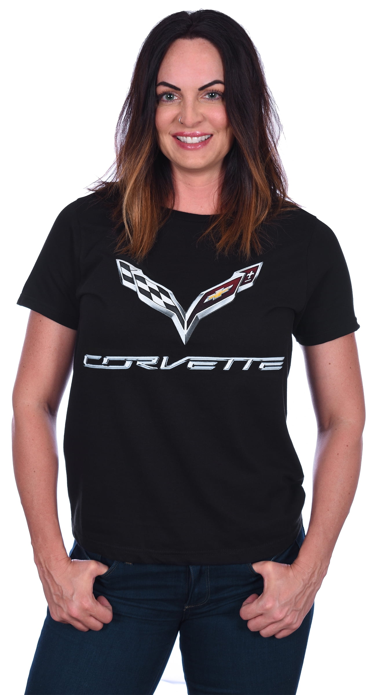 JH Design Group Women's Chevy Corvette C7 Emblem T-Shirt Black Red ...