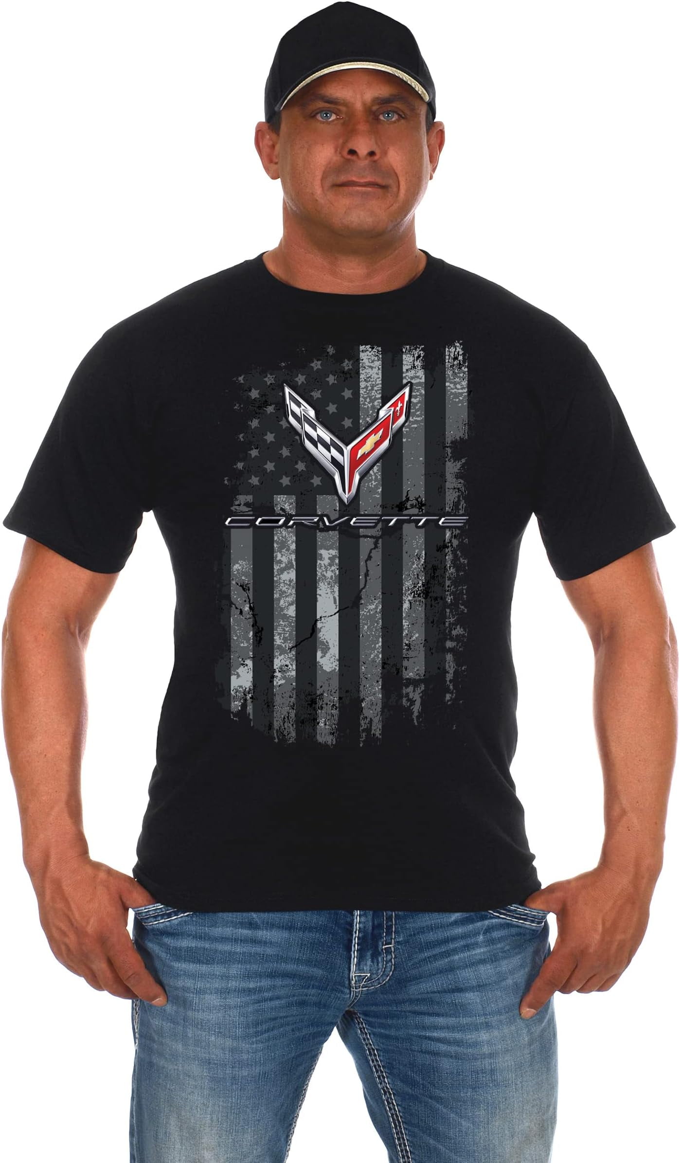 JH Design Men's Chevy Corvette T-Shirt C8 American Flag Crew Neck Shirt ...